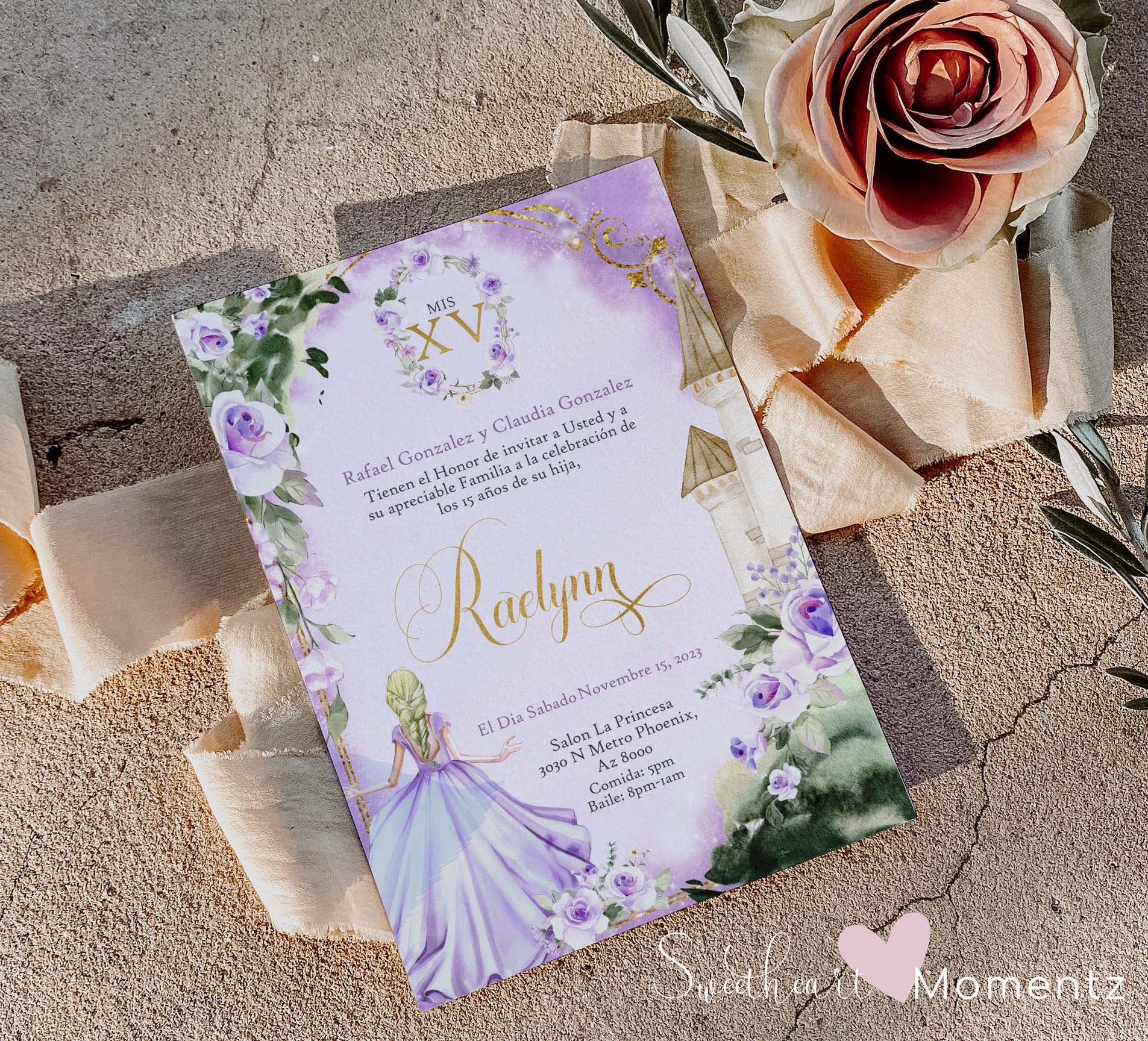 Purple and Gold Rapunzel Quinceanera Invitation | SweetheartMomentz